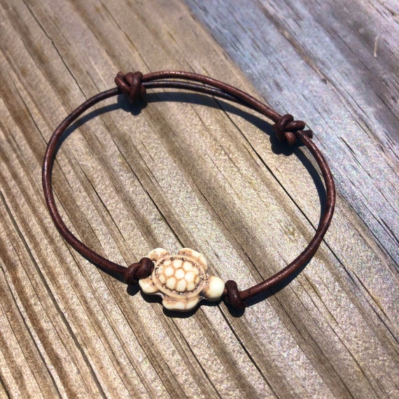 Sea Turtle Adjustable Leather Bracelet Leather and Sea Turtle Bracelet Carved Howlite Stone Turtle Bracelet Beach Bracelet Etsy
