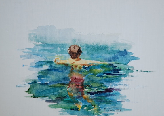 Young Boy Swimming Watercolor on Paper - Etsy