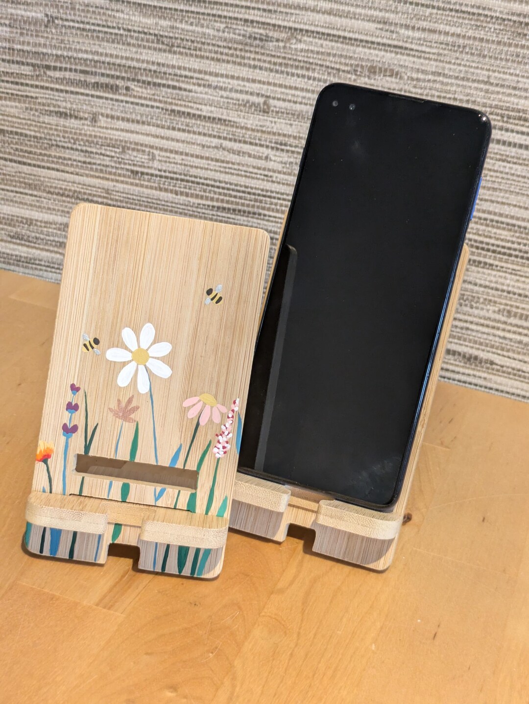 Hand Painted Bamboo Phone Stand. Mobile Phone Docking Stand. Flower ...