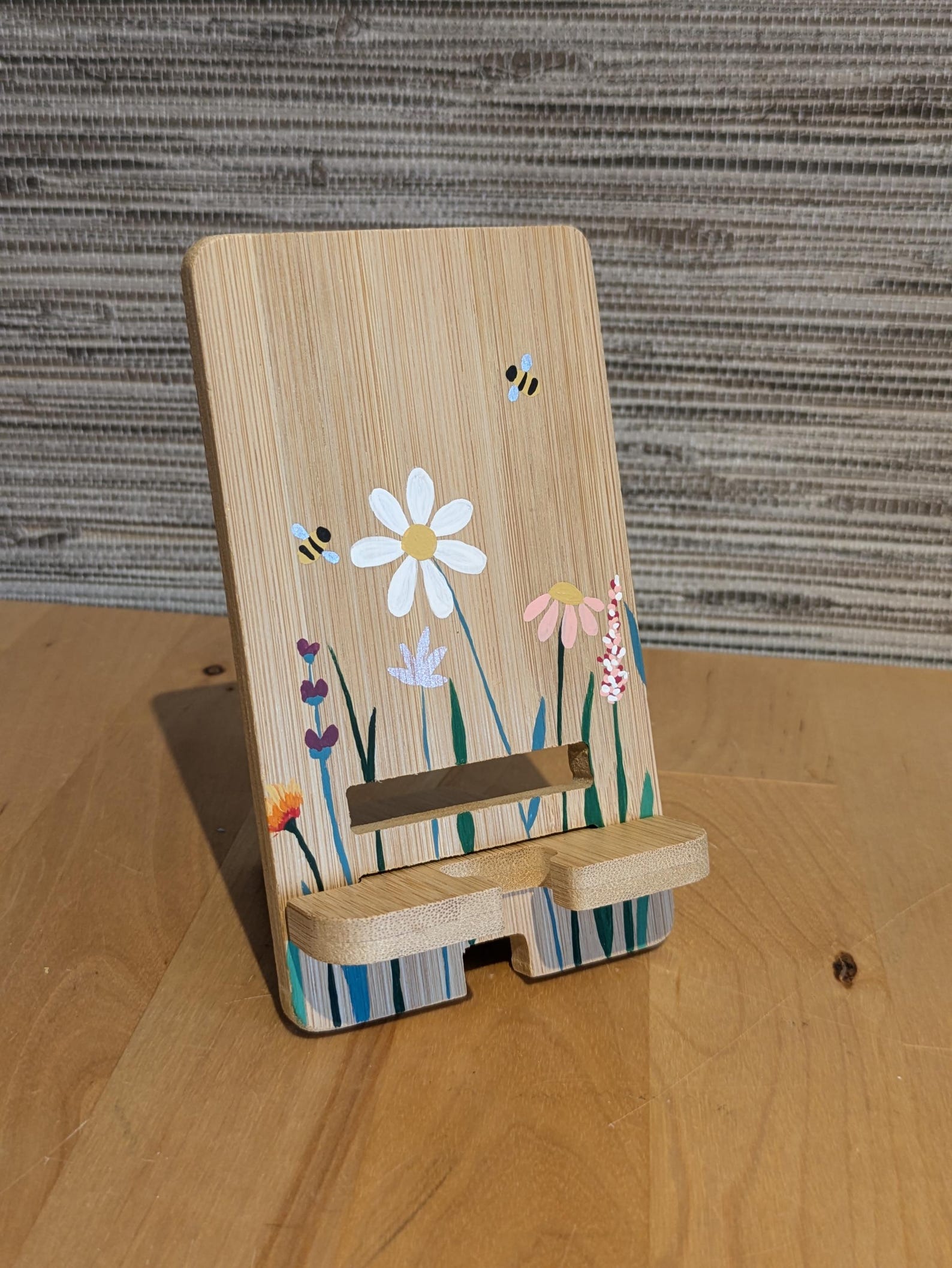 Hand Painted Bamboo Phone Stand. Mobile Phone Docking Stand. Flower ...