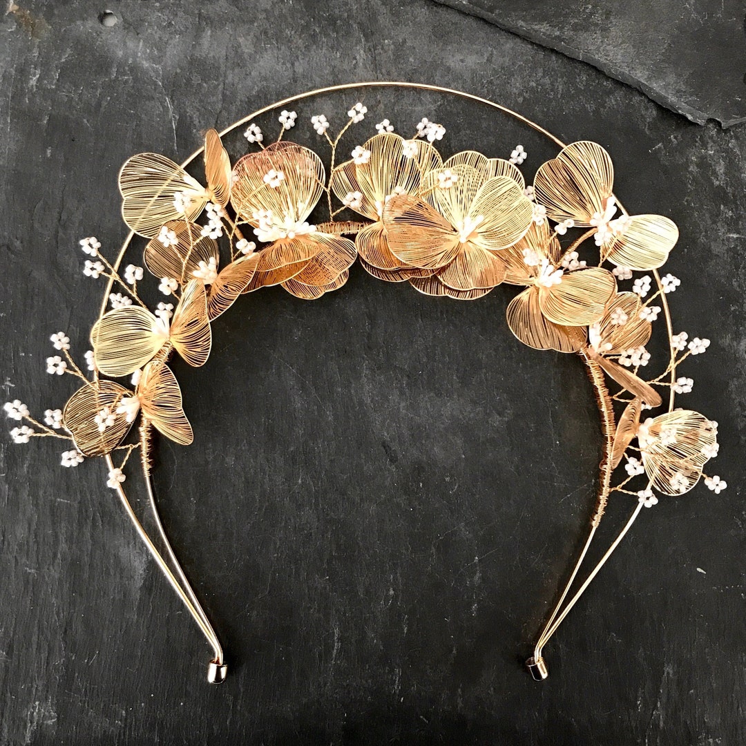 Gold Flower Bridal Crown, Floral Wedding Tiara, Goddess Halo Headband ...