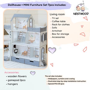 Gray Dollhouse With Terrace and Balcony Doll House for Kids Perfect ...