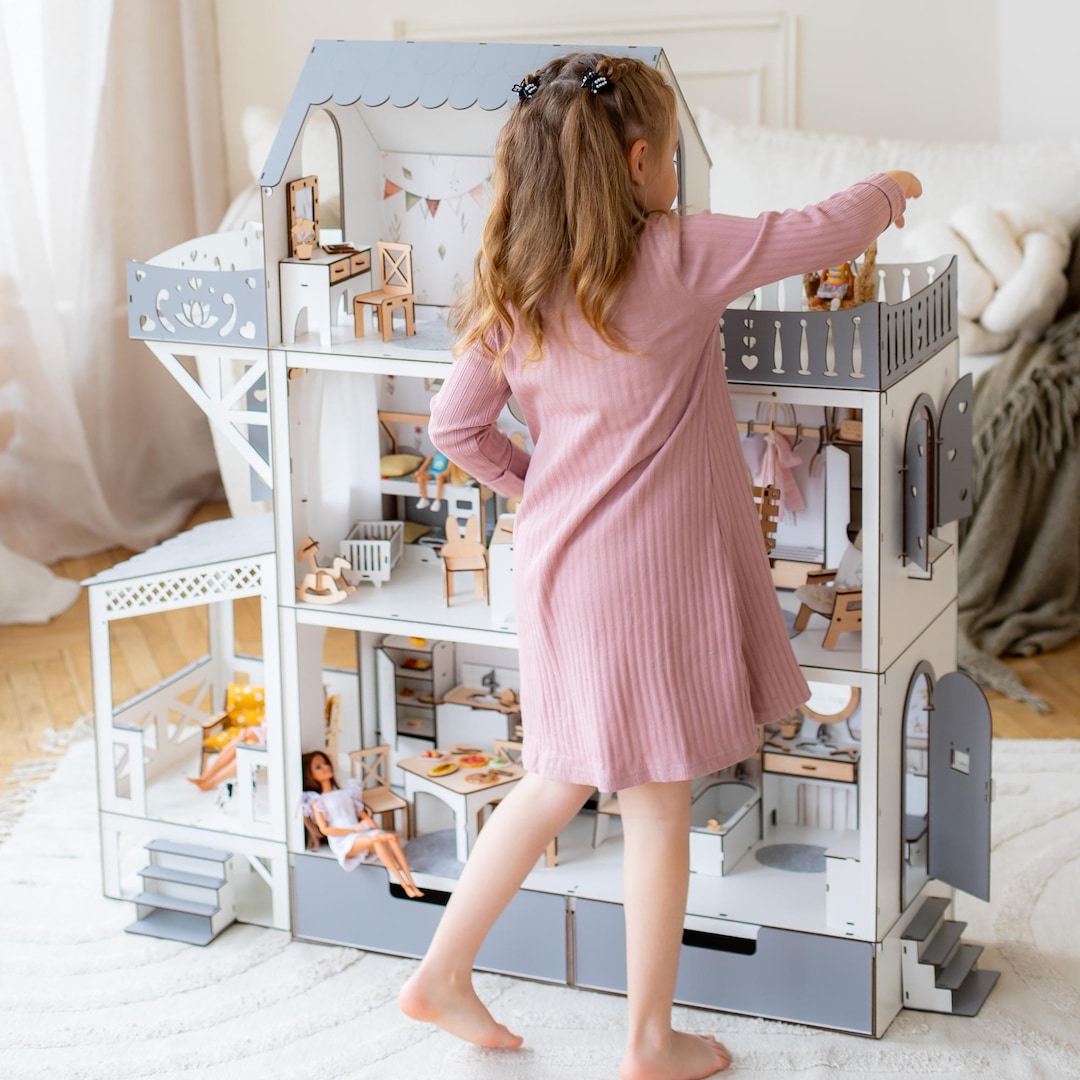 Wooden Dollhouse, Large Dollhouse, Modern Doll House With Terrace ...