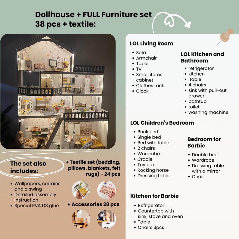 Luxury Wooden Dollhouse With 5 Rooms Elevator Swing Nestwood Mansion ...