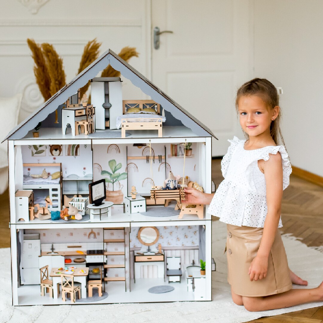 White Grey Large Wooden Doll House Set in White - Etsy