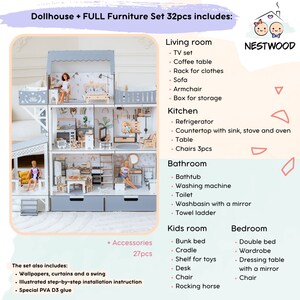 Gray Dollhouse With Terrace and Balcony Doll House for Kids Perfect ...