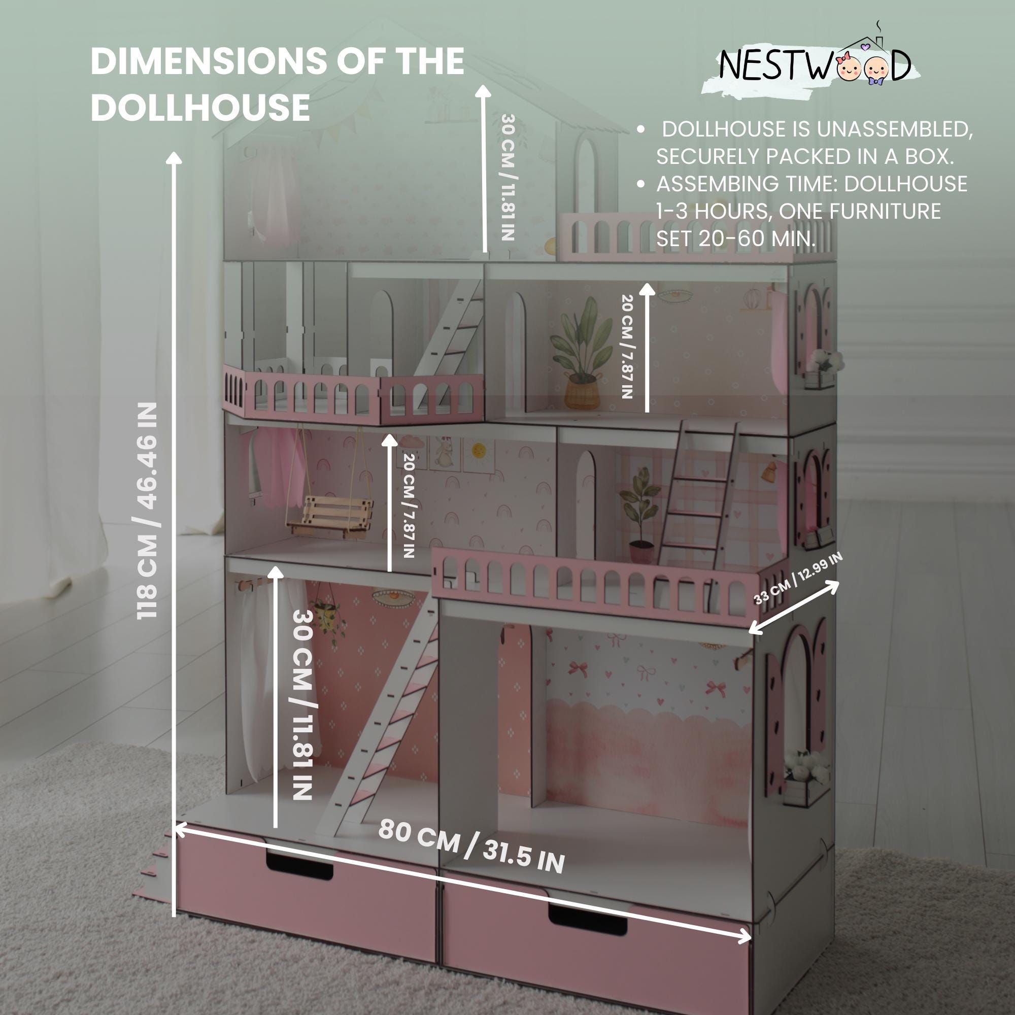 Pink Dollhouse Mansion 5 Rooms Elevator Swing for Dolls - Etsy