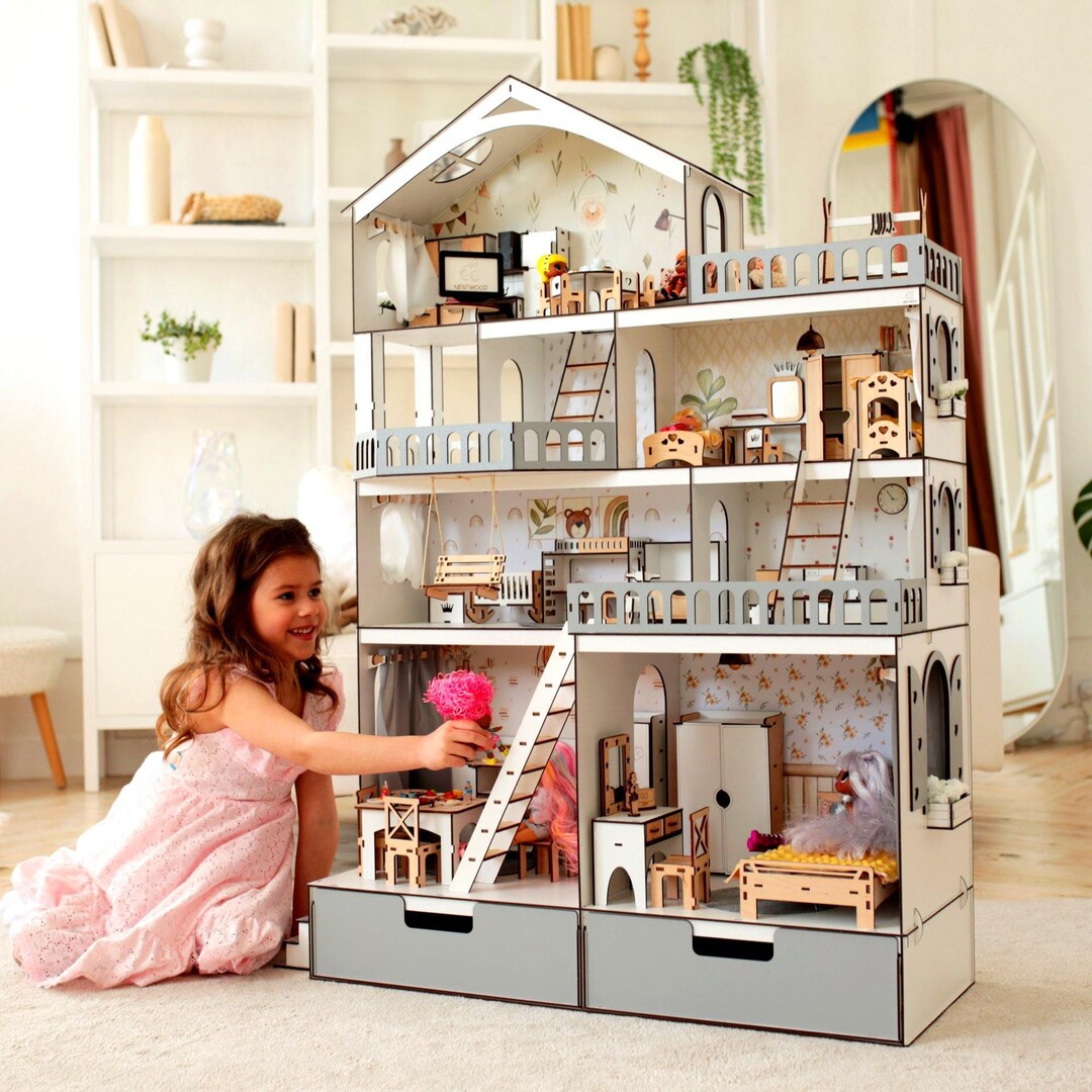 Luxury Wooden Dollhouse for Small Dolls | Nestwood Mansion With 5 Rooms ...
