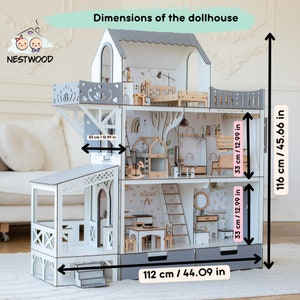 Gray Dollhouse With Terrace and Balcony Doll House for Kids Perfect ...