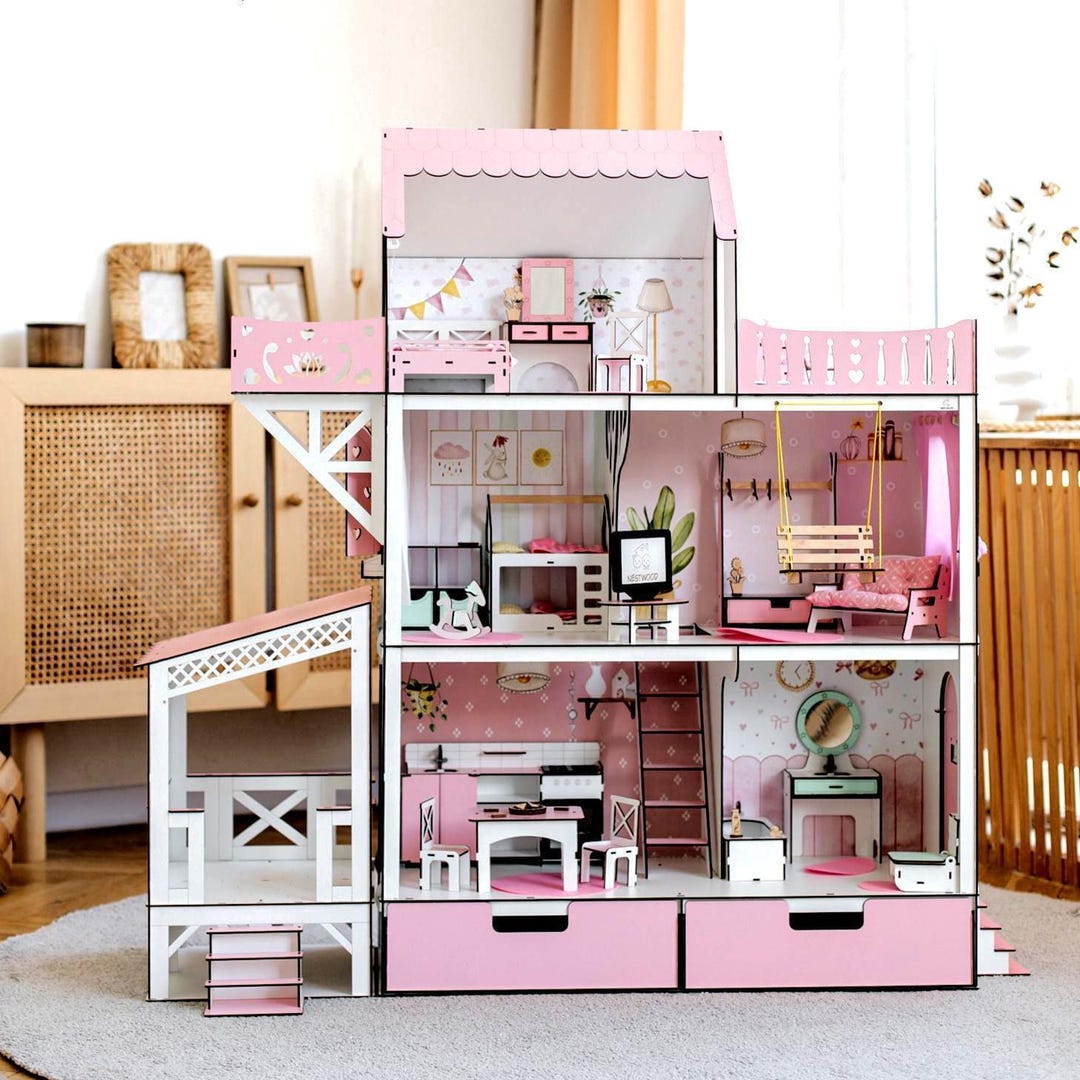 Pink Wooden Dollhouse Kit With Terrace Balcony 3-story Doll House Set ...