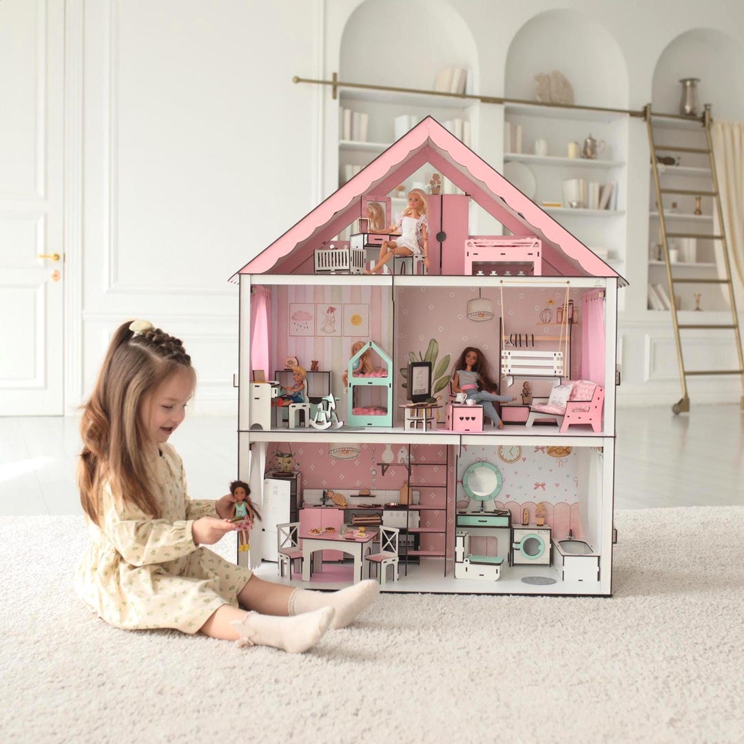 Wooden Pink Mini House Dolls House - Wooden Dollhouse for Kids With ...