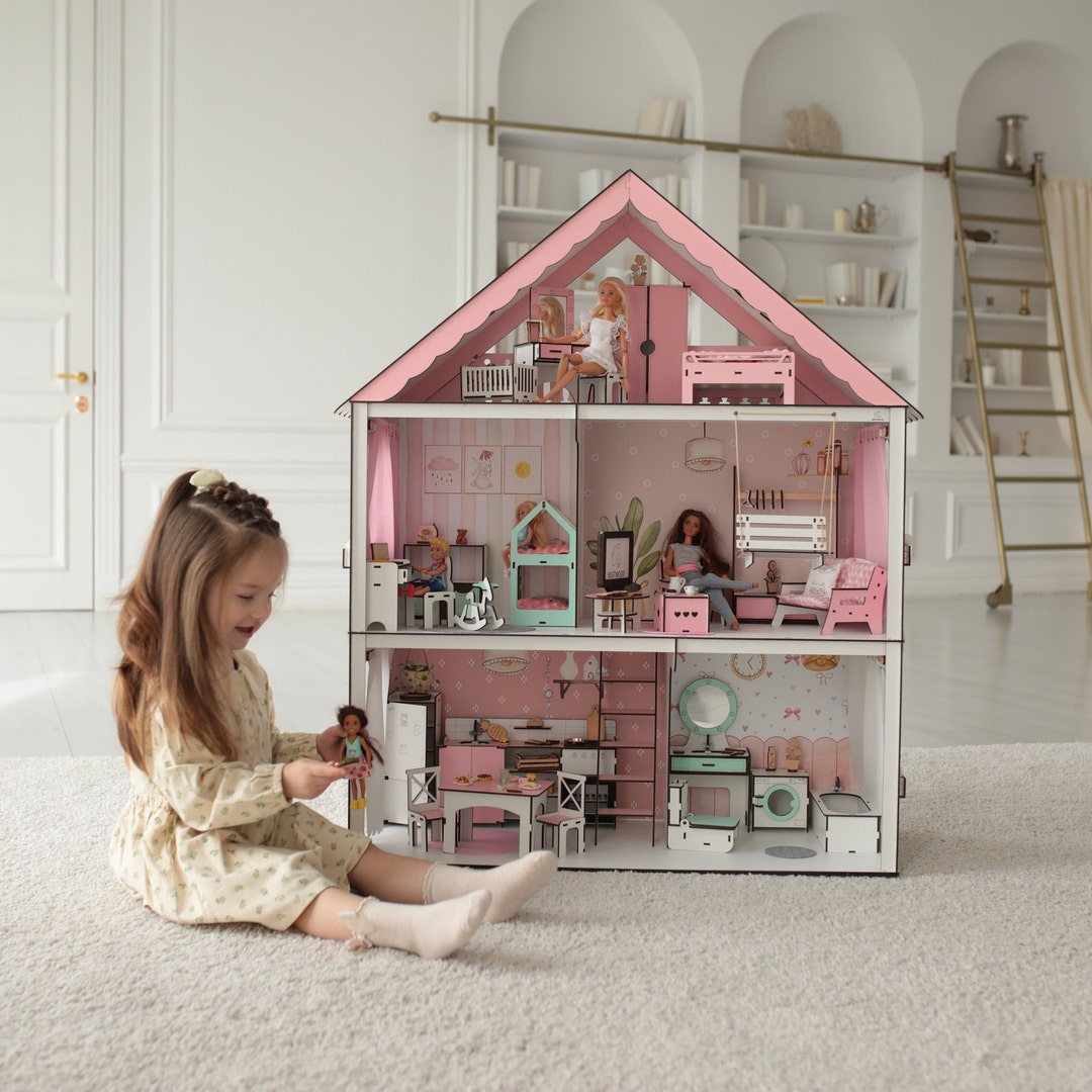 Pink Mini House Dolls House Wooden Dollhouse for Kids With Furnitures ...