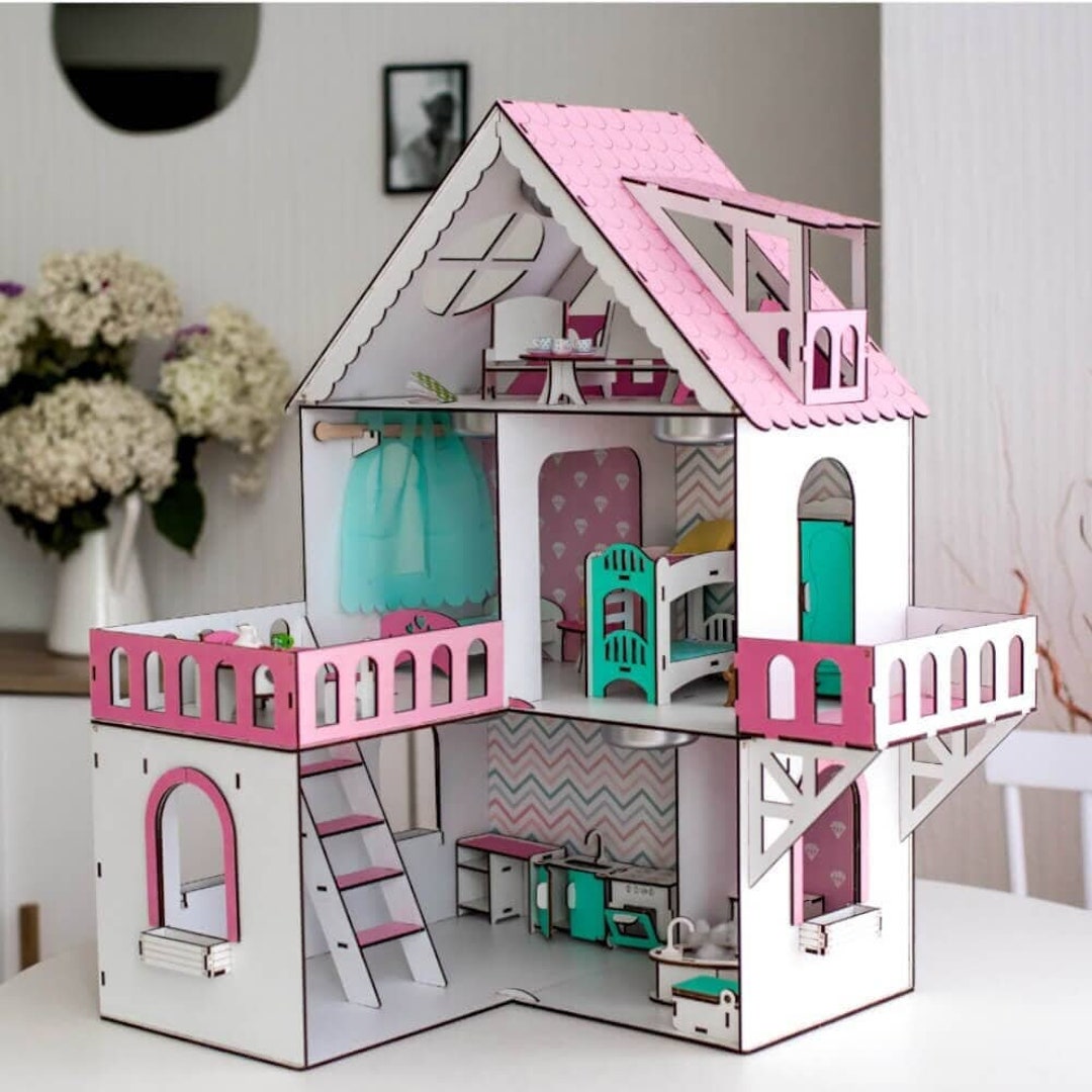 Wooden Dollhouse, Pink Wooden Dollhouse, Doll House, Dollhouse Balcony ...