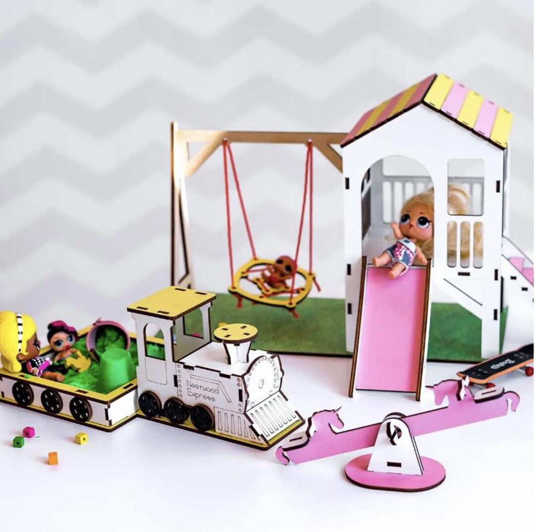 Eco Wooden Doll Playground Set - Slide, Swings, Sandbox - Etsy