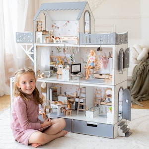 Gray Large Dollhouse With Terrace and Balcony - Modern Doll House for ...