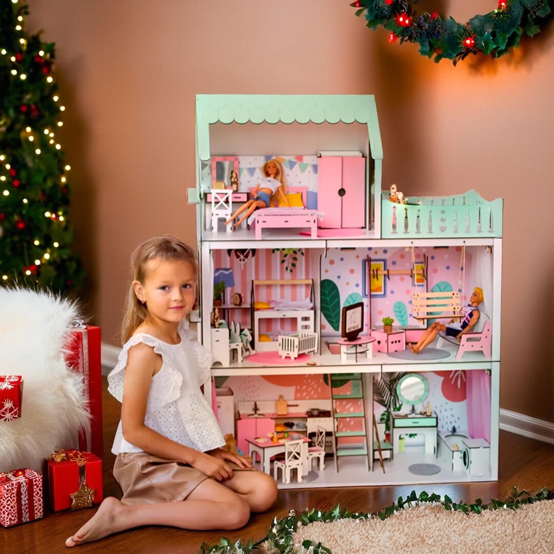 Customizable Wooden Dolls House for Kids With Furnitures, Tiny Wood ...