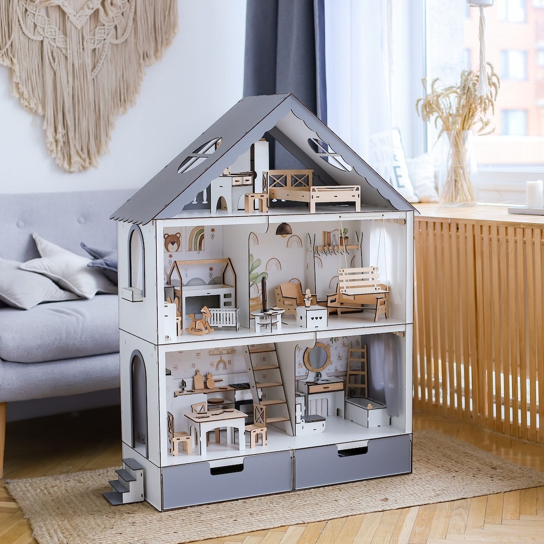 Magical Dollhouse With Windows: 5 Room Set-up and Glowing Lights Ideal ...