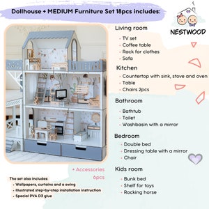 Gray Dollhouse With Terrace and Balcony Doll House for Kids Perfect ...