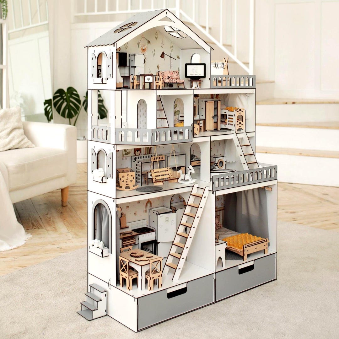 Gray Dollhouse Large Wooden Home for Dolls Luxury Miniature House - Etsy