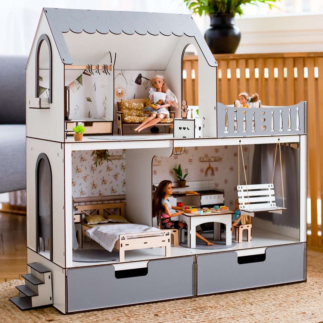 Handcrafted Wooden Dollhouse With Balcony Customizable 2-story, 3 Room ...