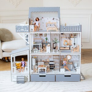 Gray Dollhouse With Terrace and Balcony Doll House for Kids Perfect ...