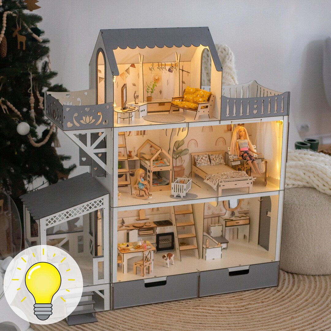 Adorable Big Gray Dollhouse With Terrace and Balcony - Doll House for ...