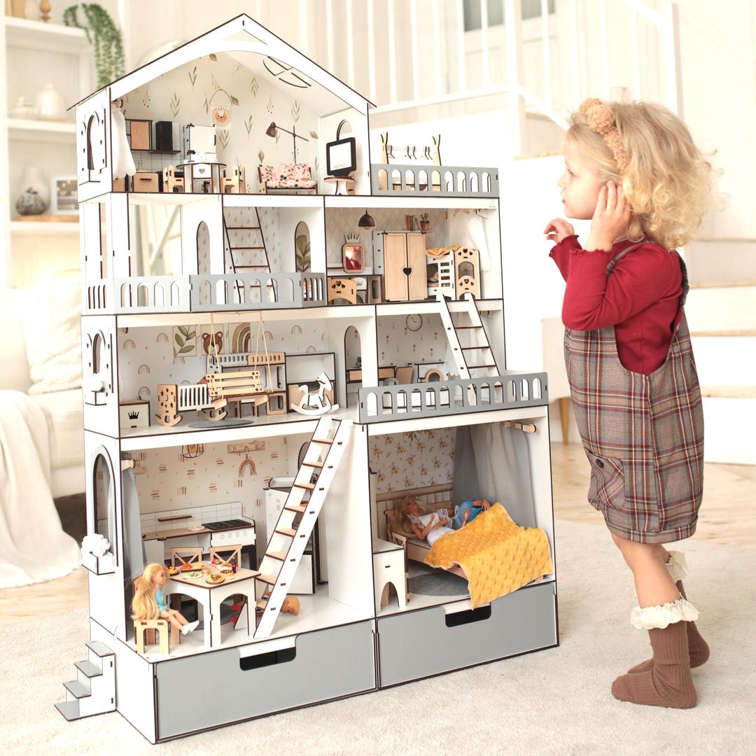 Large Gray Dollhouse Luxury Wooden Home for Dolls Miniature House - Etsy