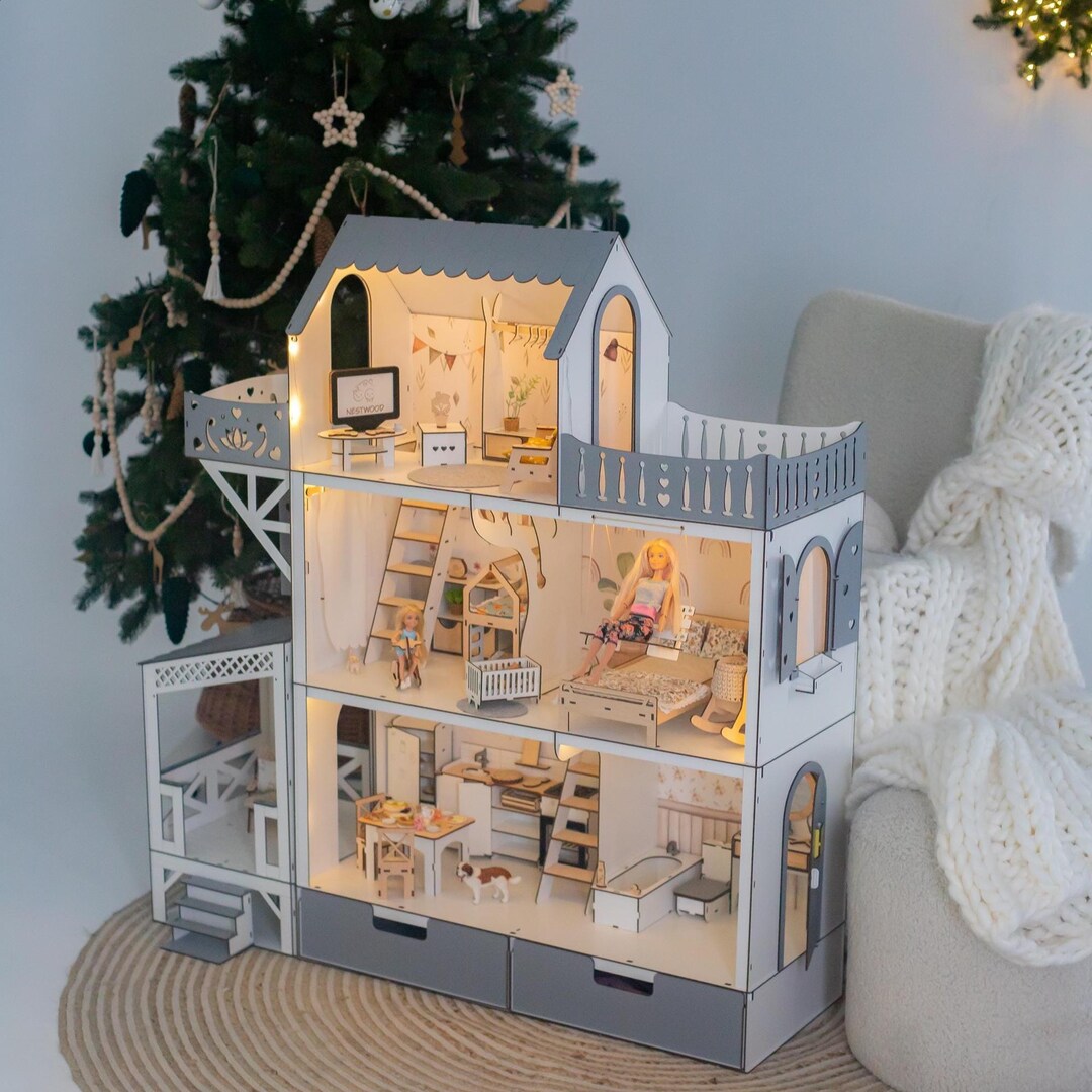 Big Gray Dollhouse With Terrace Balcony - Luxury Wooden Playhouse for ...