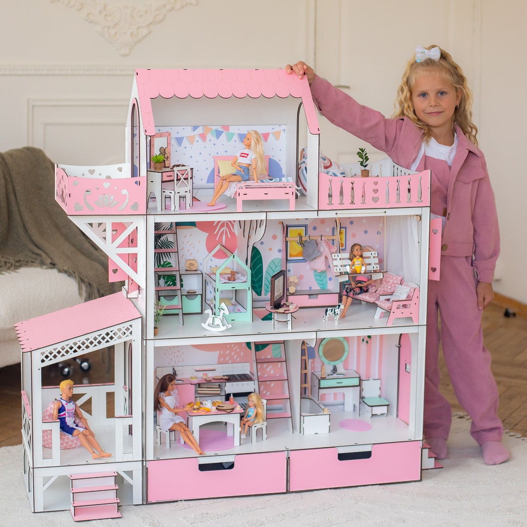 Dollhouse Kit, Pink Wooden Dollhouse, Large Dollhouse, Modern Doll ...