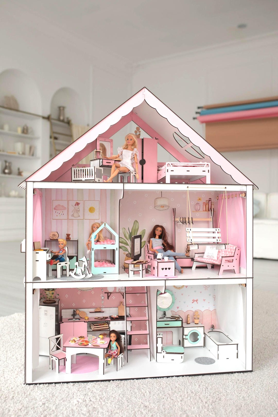 Pink Wooden Dollhouse for Kids With Furniture Tiny Playhouse for Girls ...