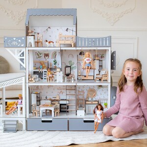 Big Gray Dollhouse With Terrace and Balcony - Includes Furnitures ...