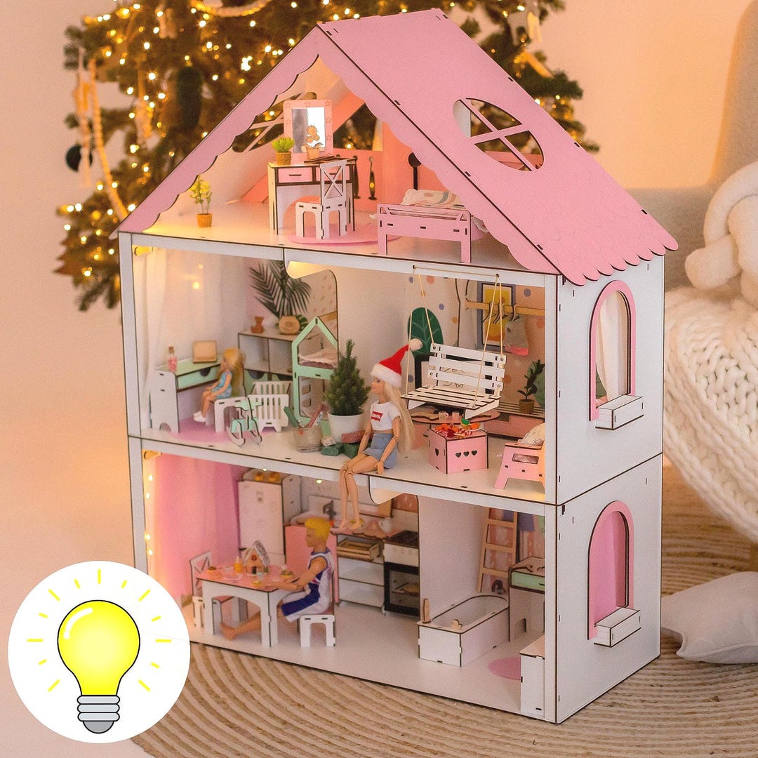 Wooden Pink Mini House Dolls House - Wooden Dollhouse for Kids With ...