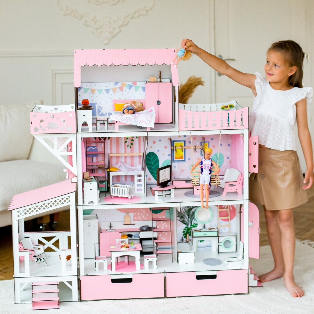Dollhouse Kit, Pink Wooden Dollhouse, Large Dollhouse, Modern Doll ...