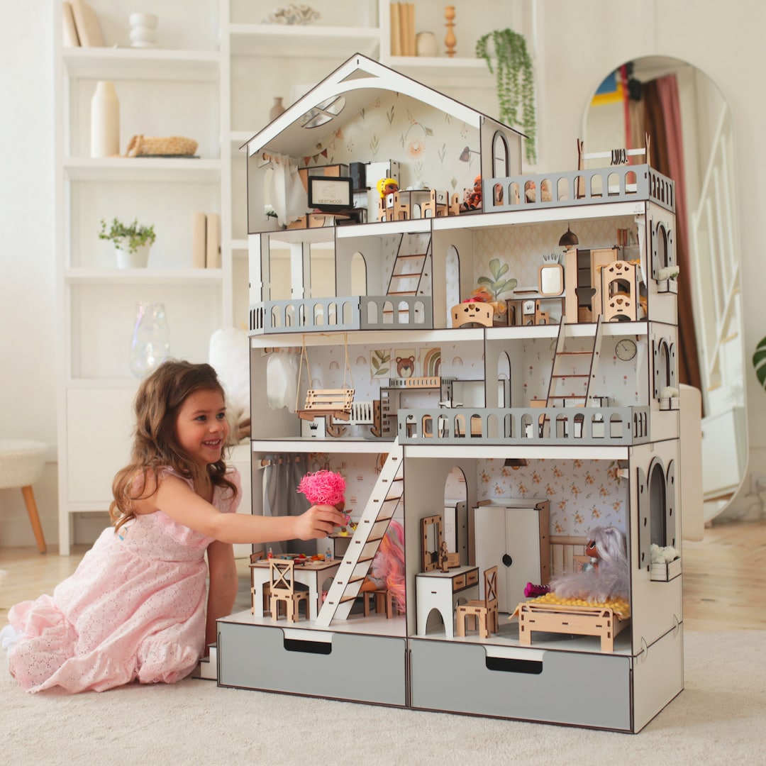 Luxury Wooden Dollhouse for Small Dolls Nestwood Mansion With 5 Rooms ...