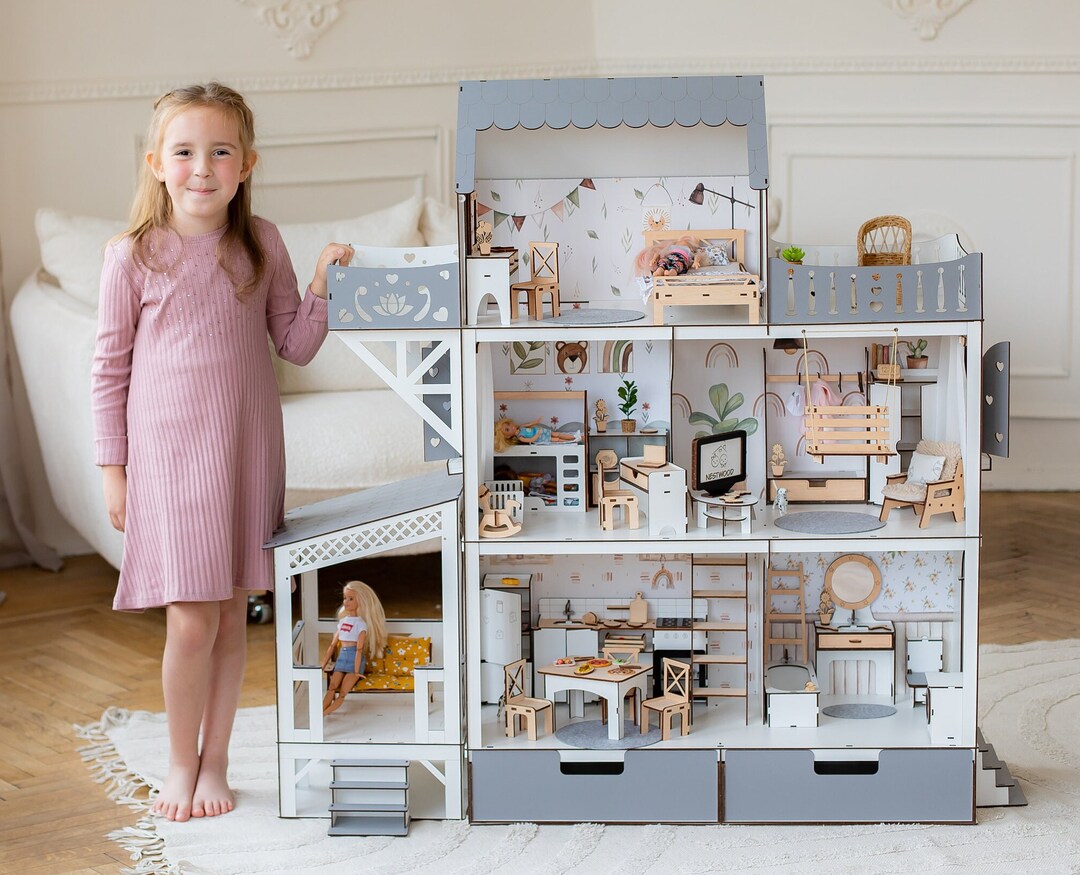 Spacious Big Gray Dollhouse With Terrace and Balcony Includes ...