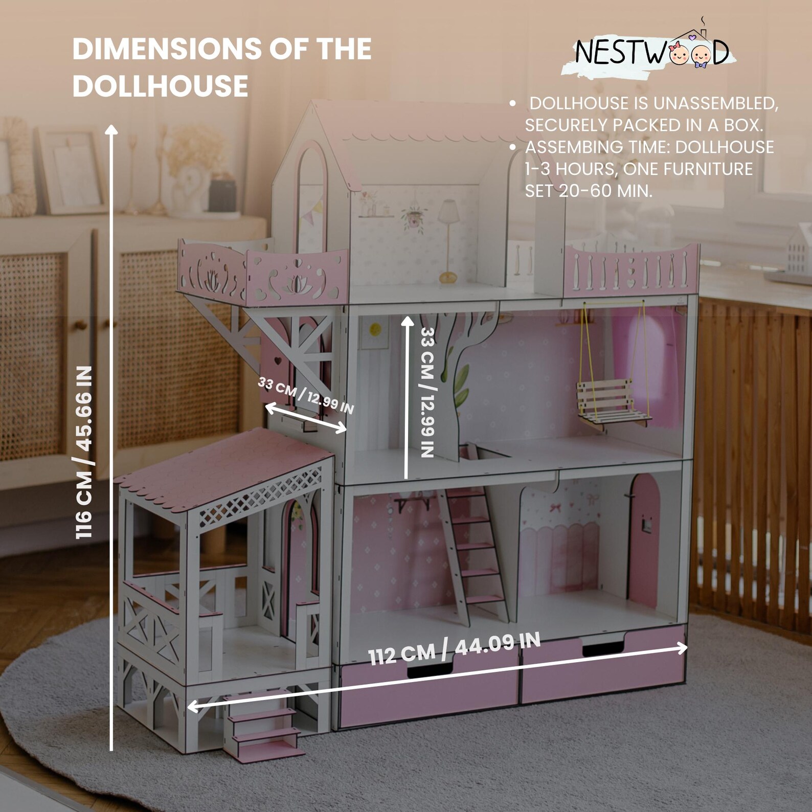 Dollhouse Kit, Pink Wooden Dollhouse, Large Dollhouse, Modern Doll ...