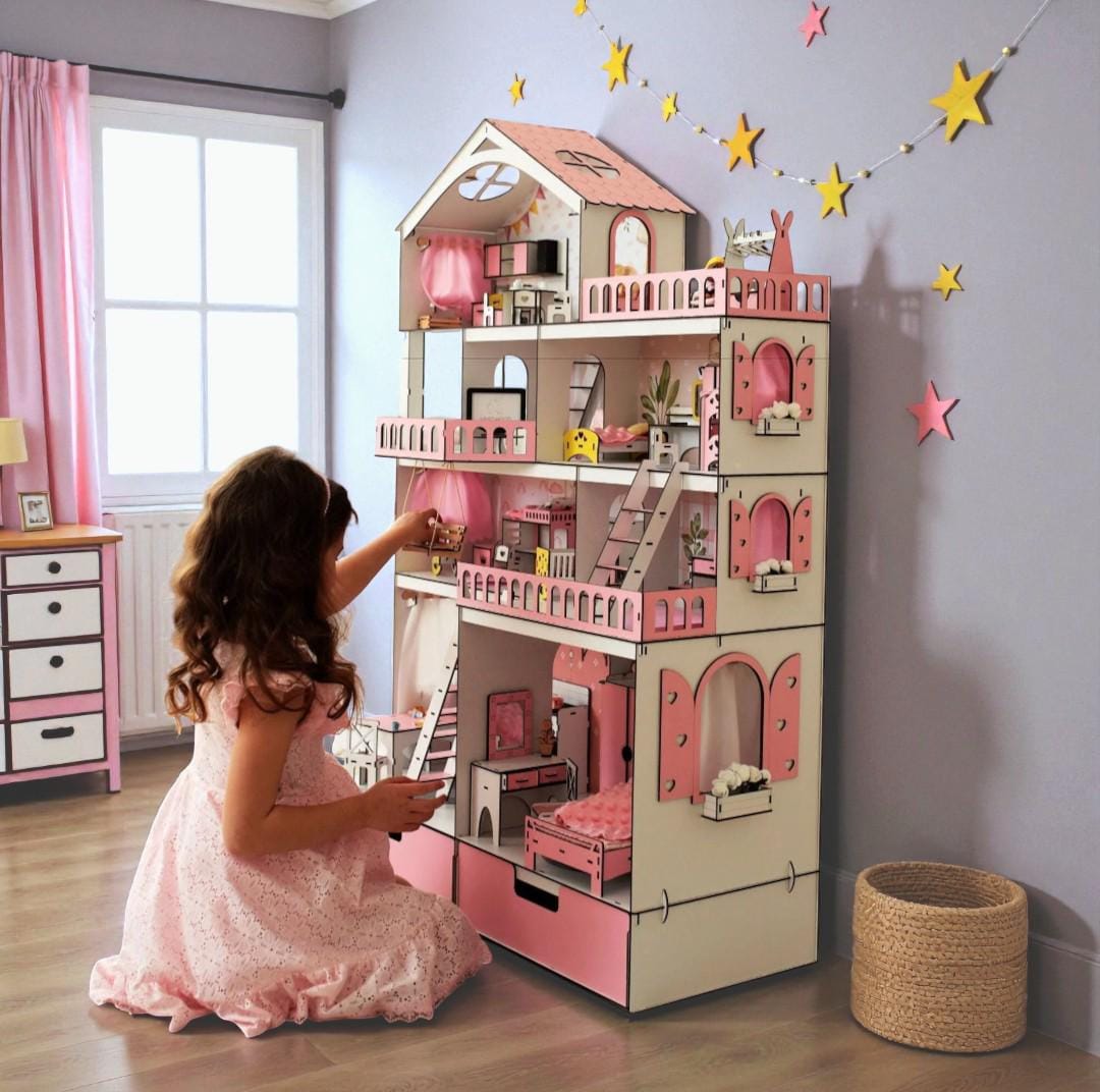 Dollhouse Mansion: Pink 5-room Playhouse - Elevator and Swing Included ...
