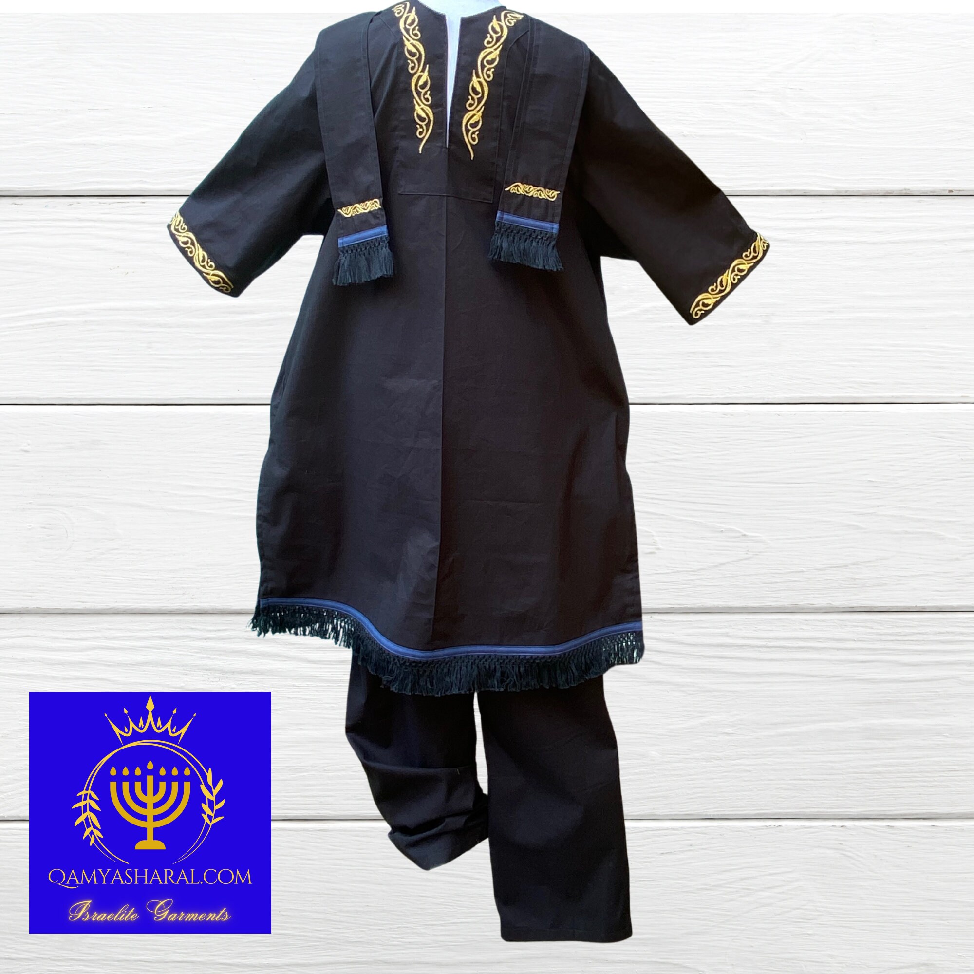 Hebrew Black Tunic With Fringes, Israelite Tunic With Gold Embroidery ...
