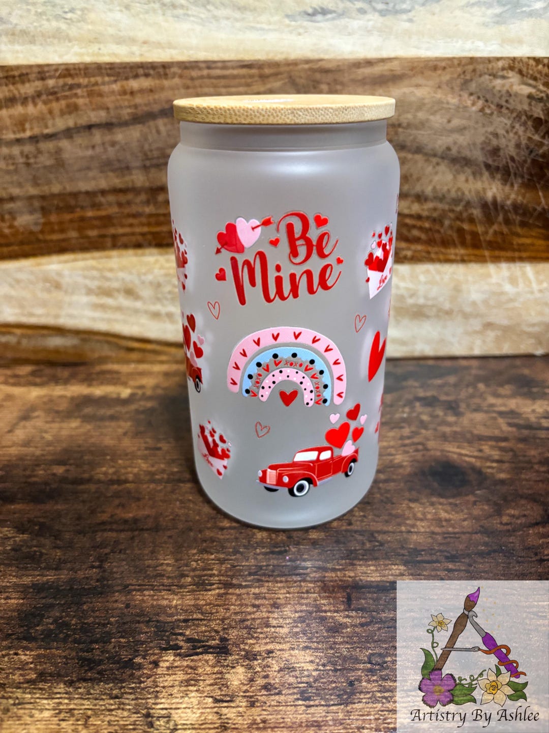 16oz Frosted Glass Cup- V-day Be Mine Love Truck & Rainbows - Etsy