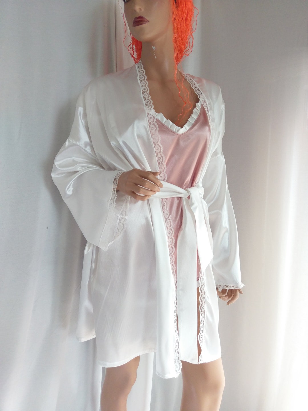 Satin Woman's Bath Robe, Ivory Lace Satin Bridal Robe, Long Sleeve Lace ...