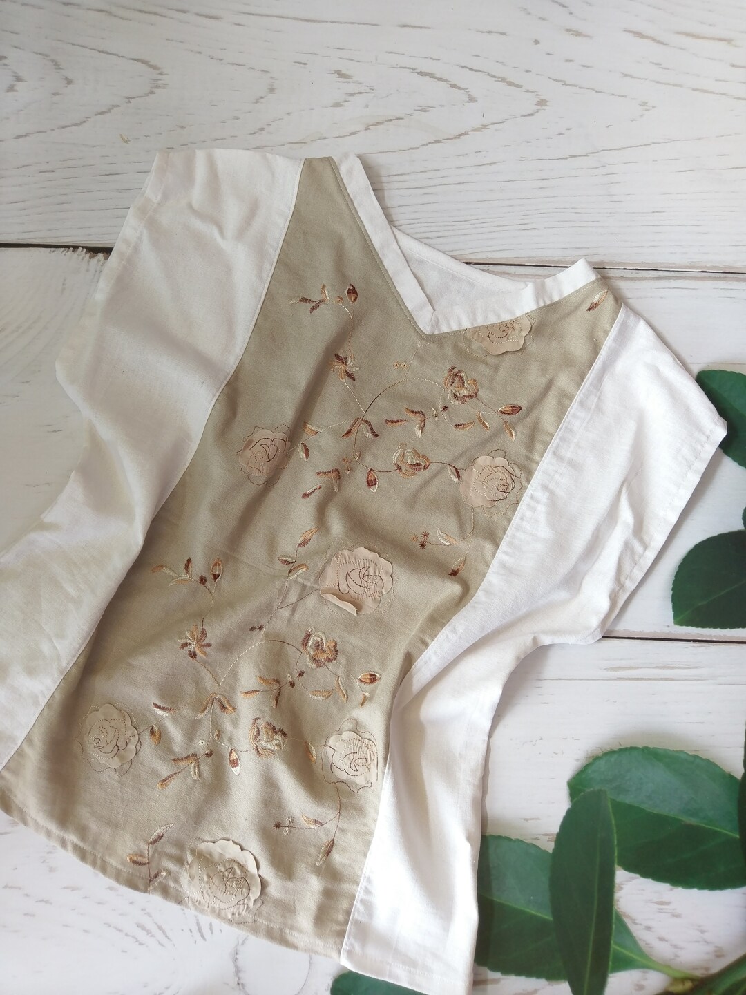 V-neck Rose Embroidered 3d Elegant Linen Top#linen Boxy Top,floral ...