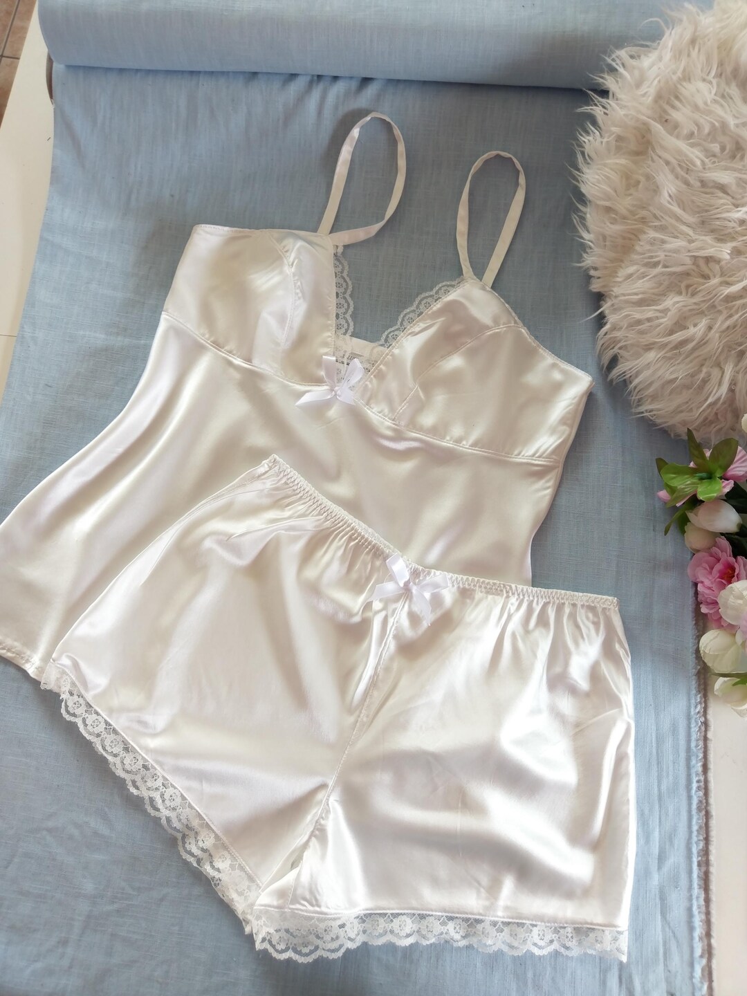 Ivory Satin Camisole Nightwear Lingerie/nightdress,nightwear Top/shorts ...