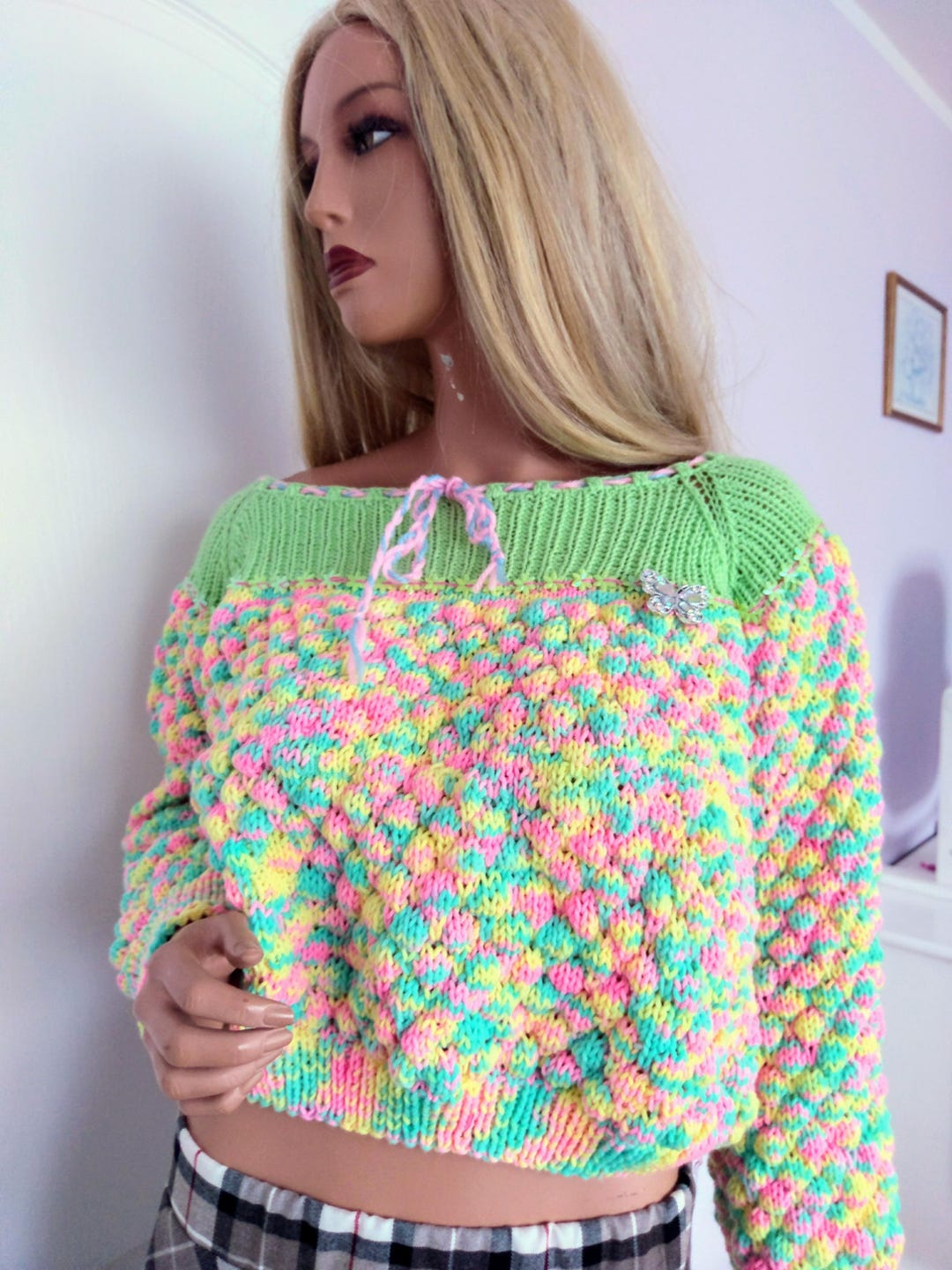 Crop Length Hand Knitted Soft Bubble off Shoulder Rainbow Sweater ...