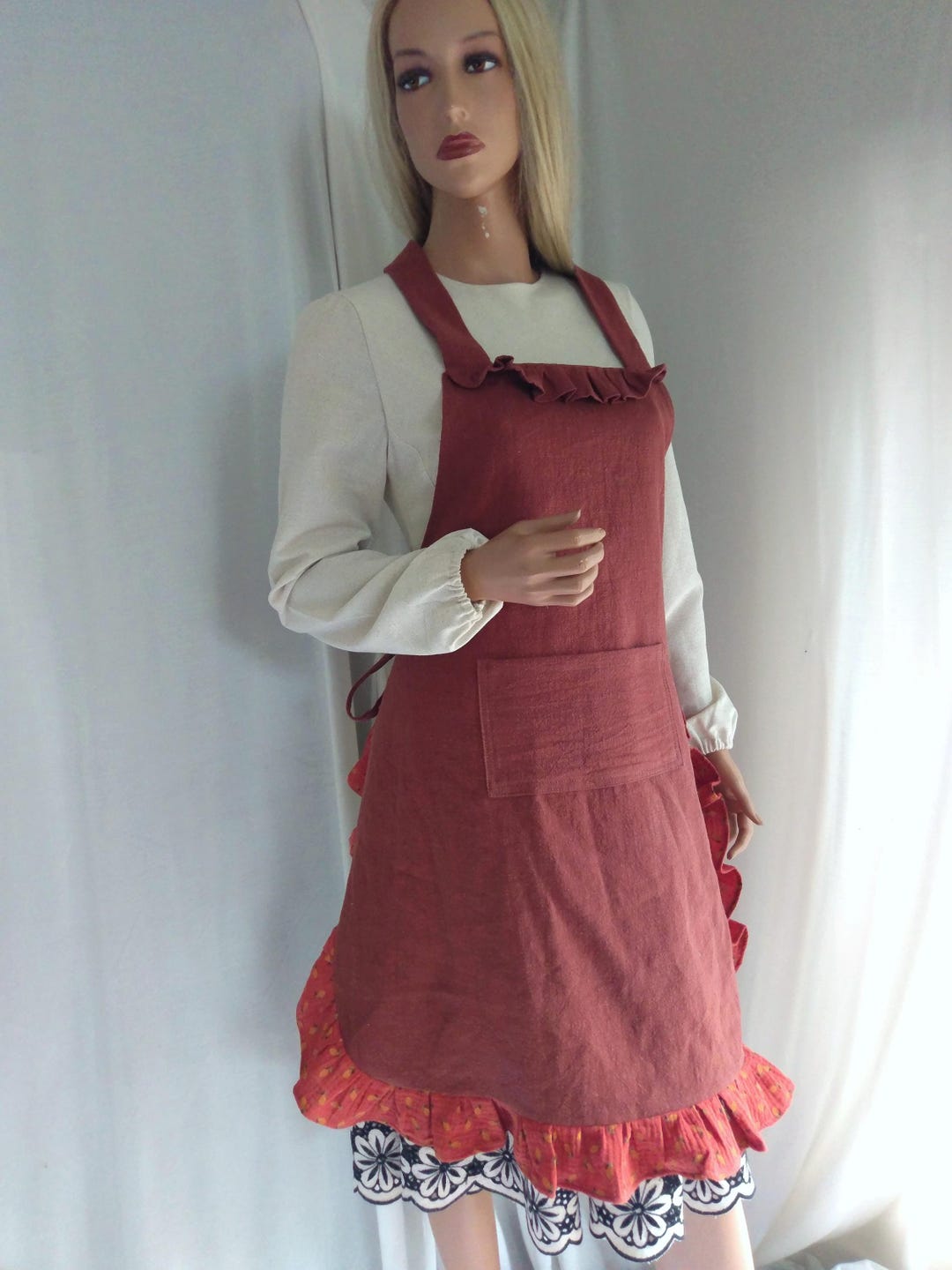 Eco Natural Terracotta Linen Rustic Apron,linen Long Apron Muslin Gauze ...