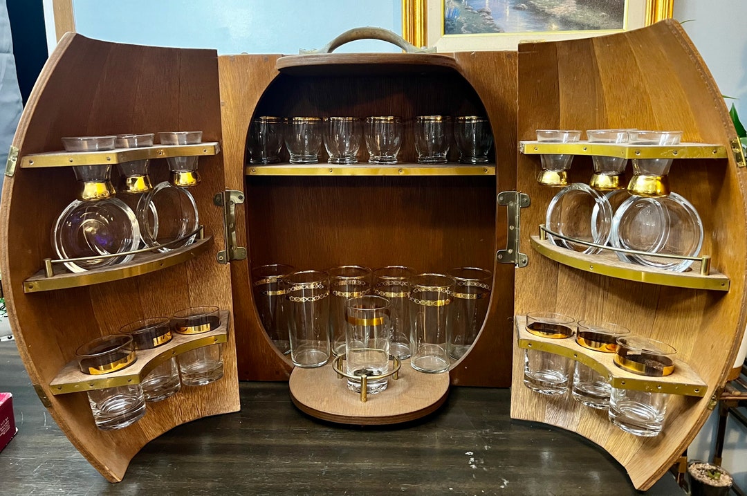 Vintage 1950s Hidden Barrel Hanging Liquor Cabinet 31 Piece - Etsy