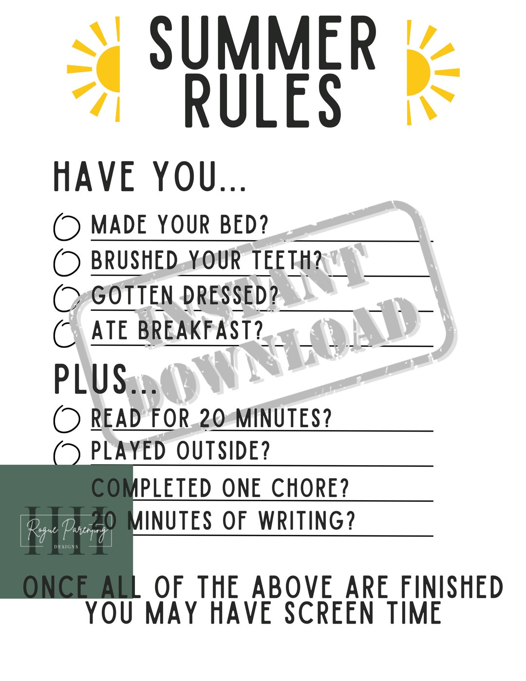 Summer Rules Kids Chore Chart: Screen Time Printable (digital Download ...