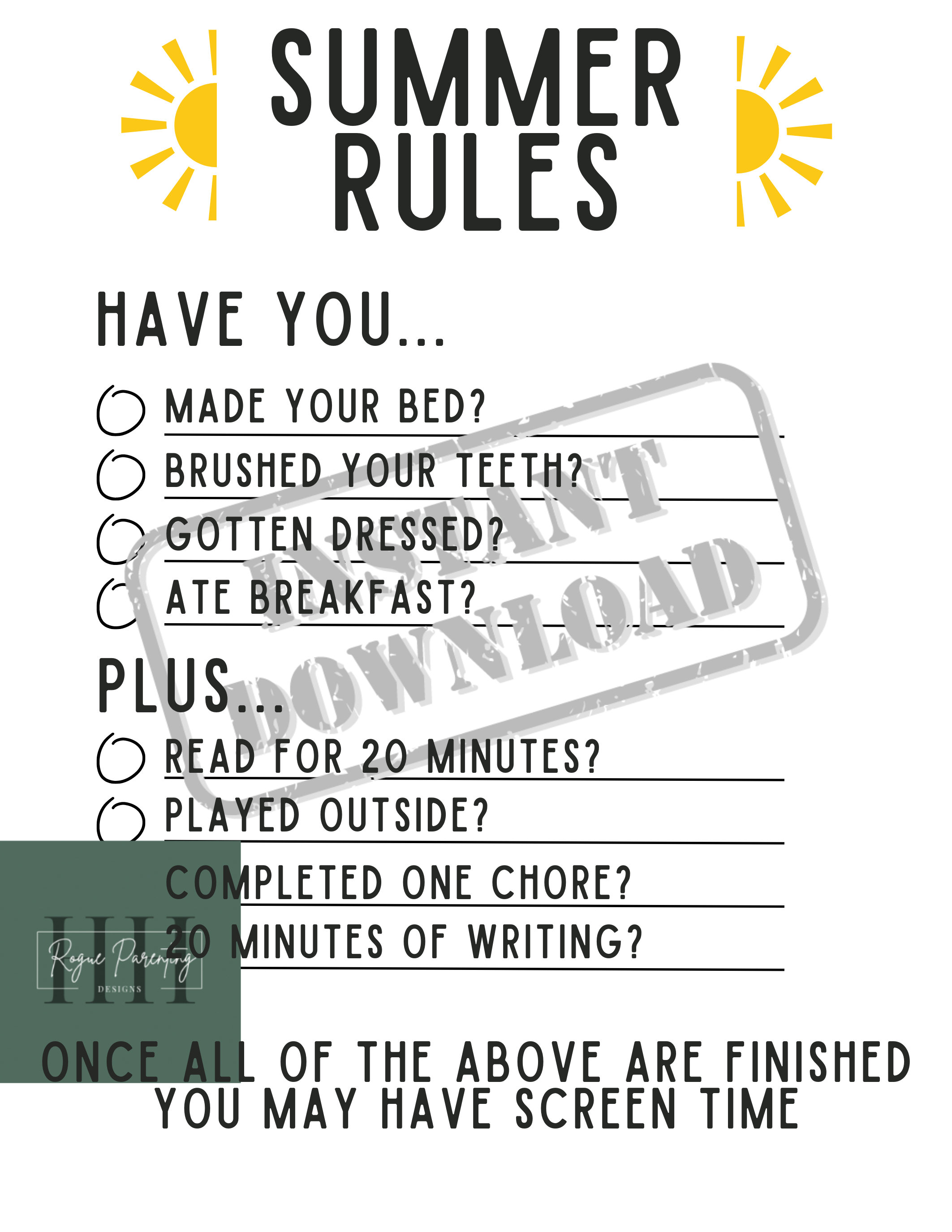 Summer Rules Kids Chore Chart: Screen Time Printable (digital Download ...