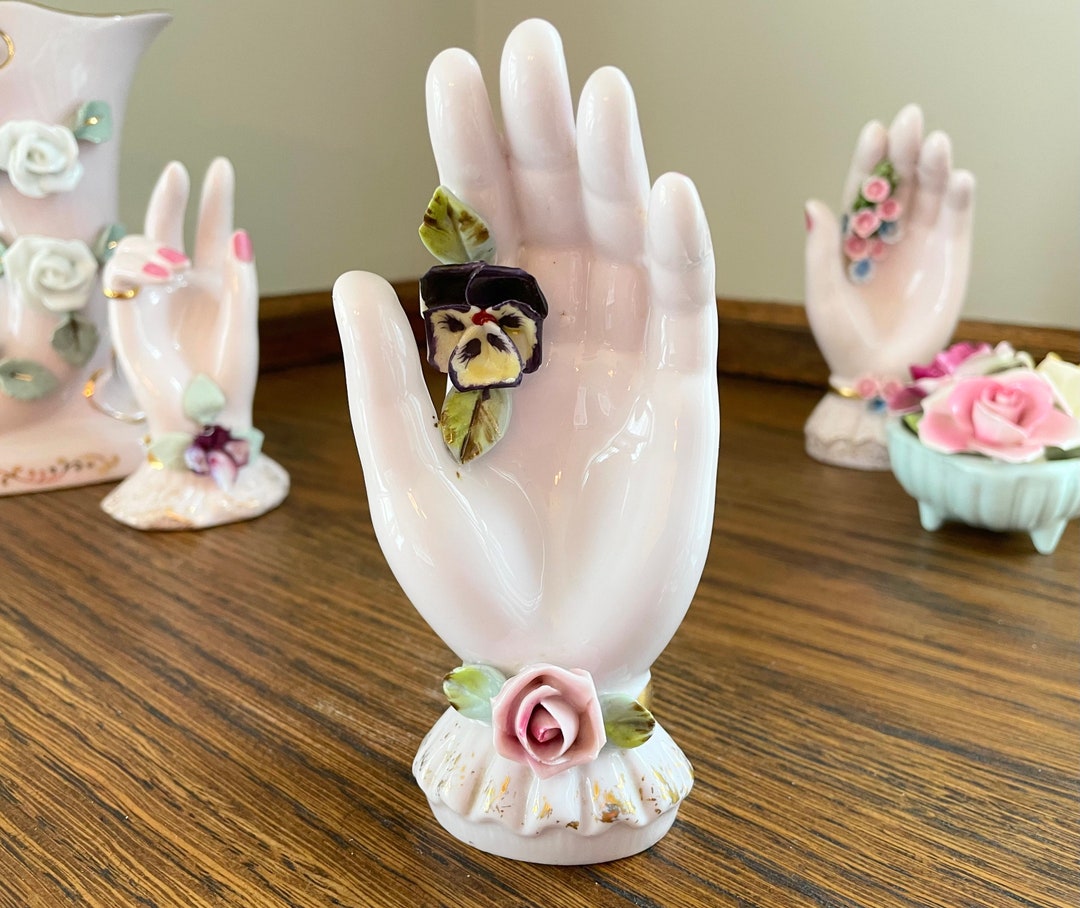 Elegant and Lovely Vintage Hand Ring Dish With Rose and Pansy - Mid ...