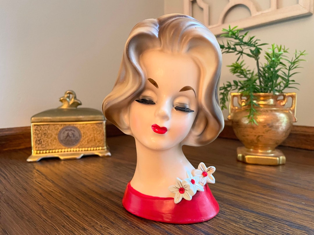 Large 7 Vintage 1950s NAPCO Lady Head Vase REIMAGINED in Red Gorgeous ...