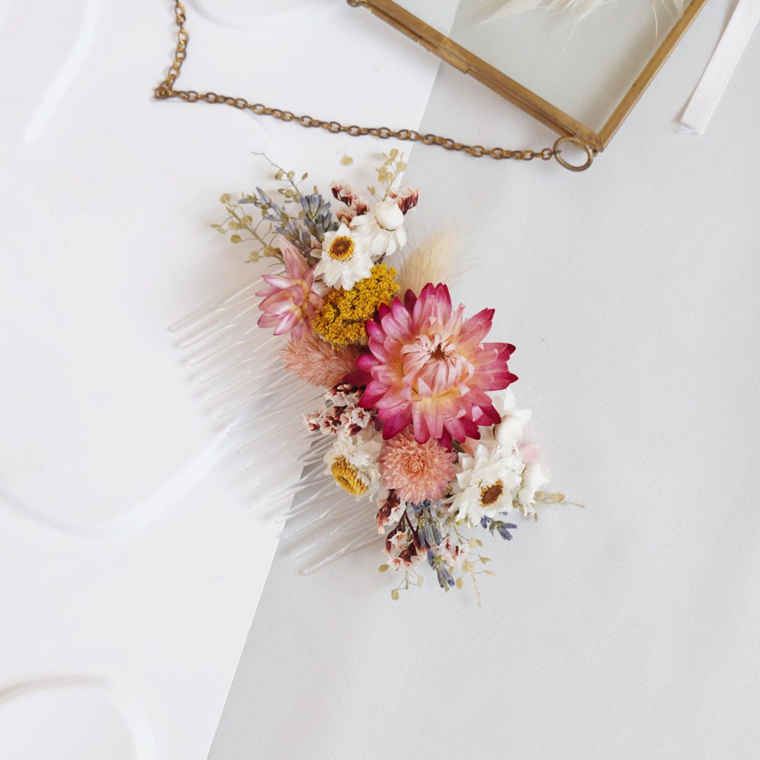 Spring Wedding Dried Flower Hair Comb, Pink Sage Green Mixed Theme Hair ...